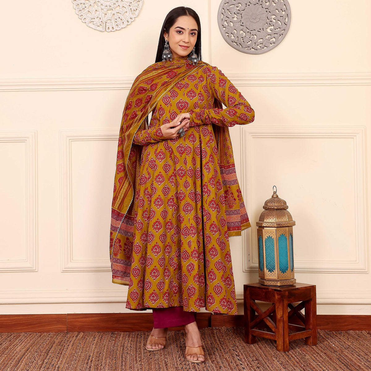 Women's Mustard Viscose Flower Print Anarkali Set – Trendia