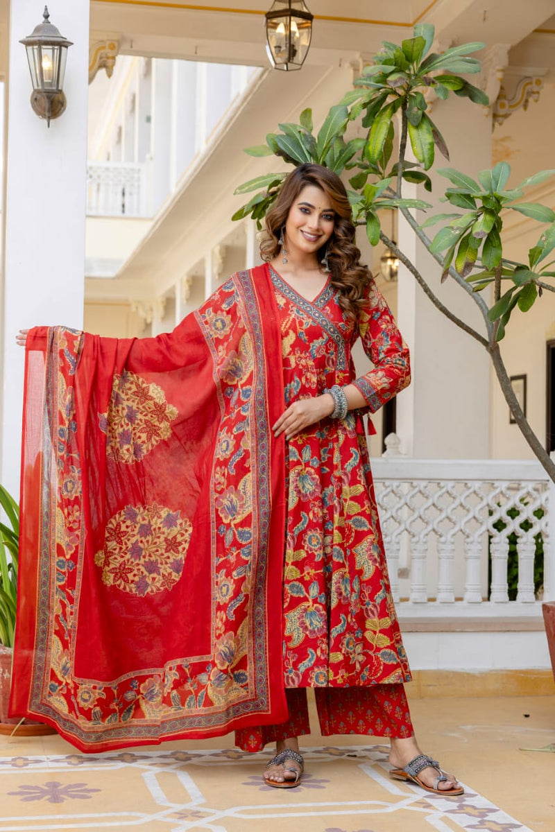 Women's Red Viscose Flower Print Anarkali Set – Trendia