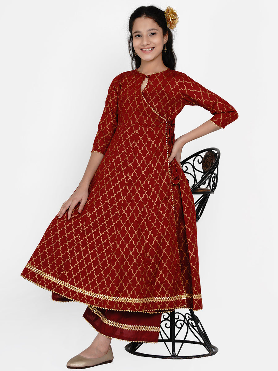 Girl's Maroon & Gold Ethnic Motifs Printed Anarkali Kurta With Palazzo ...