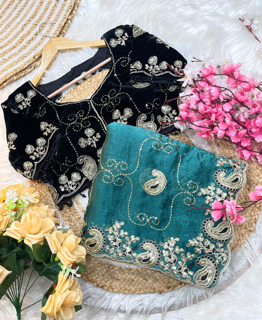 Women's Aqua Blue Chiffon Heavy Thread Sequin Dori Embroidery Work Emb ...