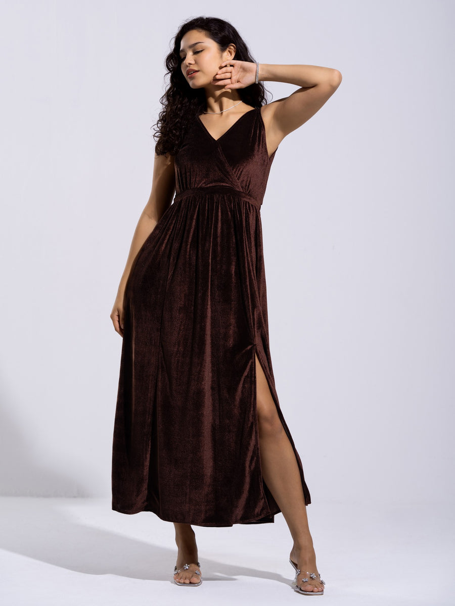 Women's Solid Chocolet Color Plainv Neck Sleeveless Dress - Panjari St ...