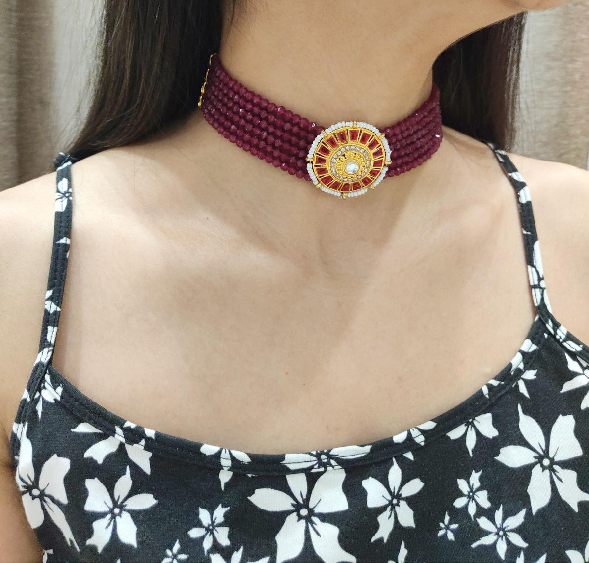Women's Maroon Kundan Choker Set – Trendia