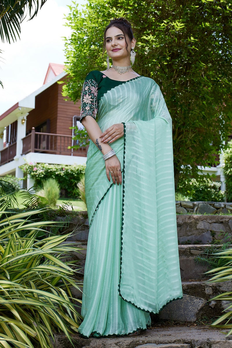 Women's Embroidered Chiffon Pista Color Saree – Trendia