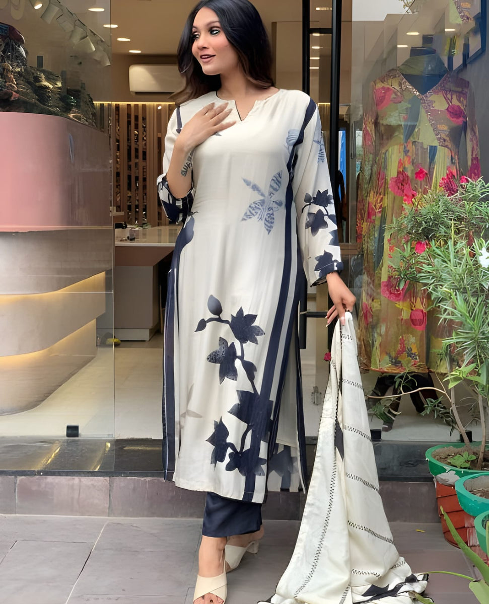 Women's Off White Muslin Embroidery Kurta Set – Trendia