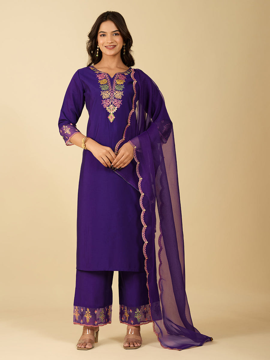 Women's Purple Embroidery Work Kurta With Pant And Duppata Set – Trendia