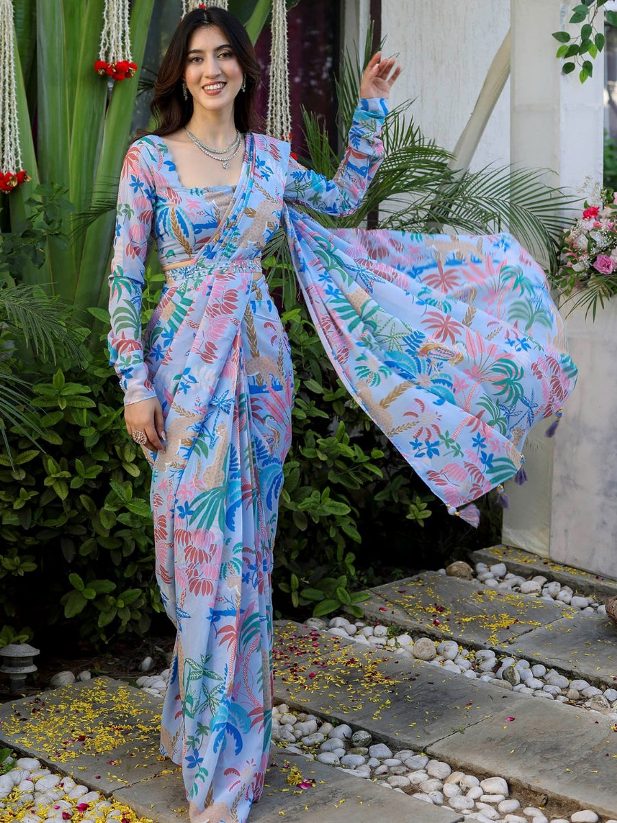 Women's Sky Georgette Digital Jungle Print Saree – Trendia