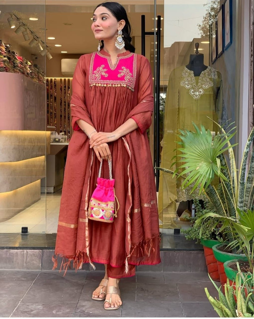 Women's Orange Yoke Design Empire Chanderi Silk A-Line Kurta With Trou ...