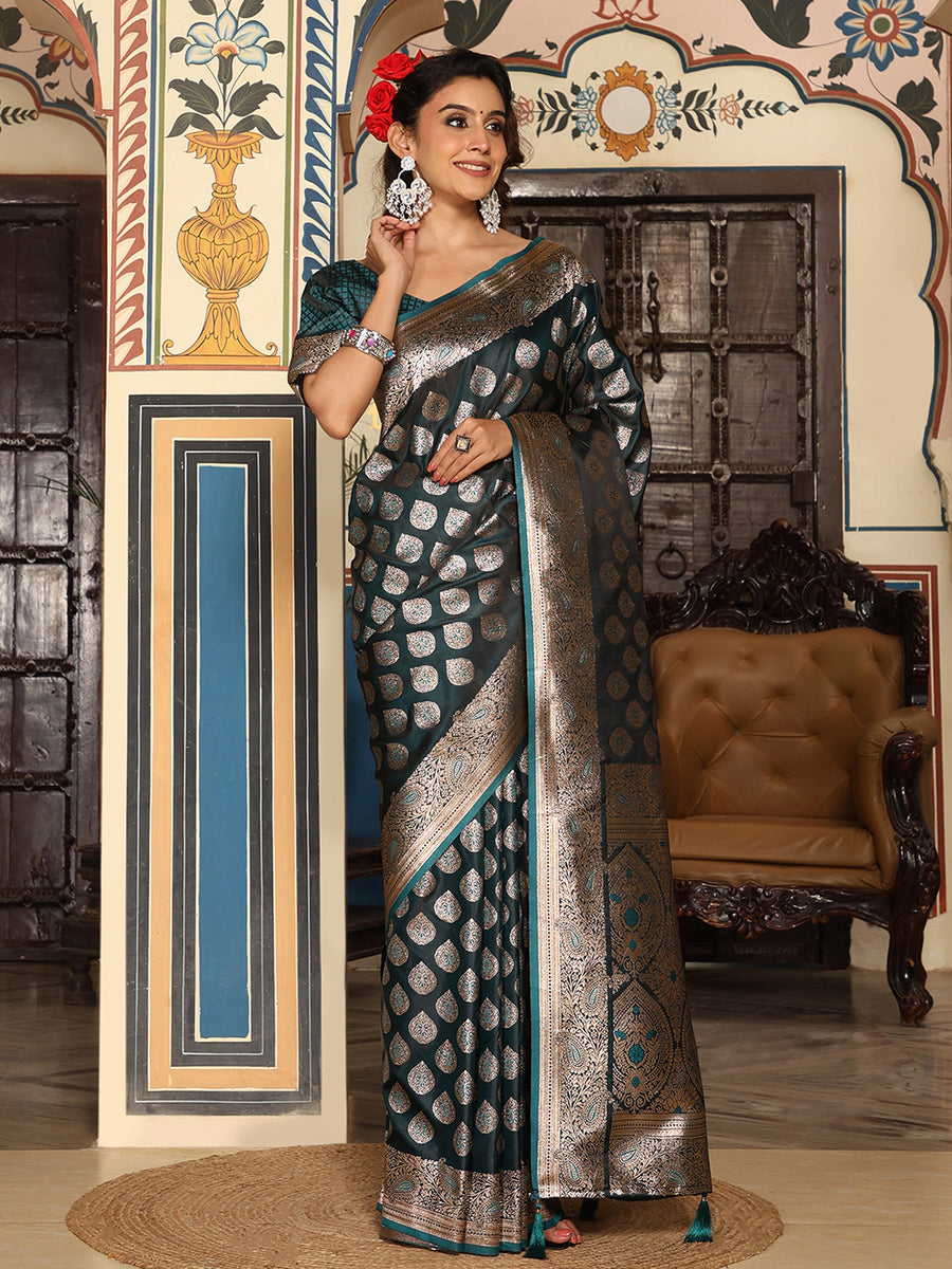 Women's Turquoise Pure Silk Woven Saree – Trendia