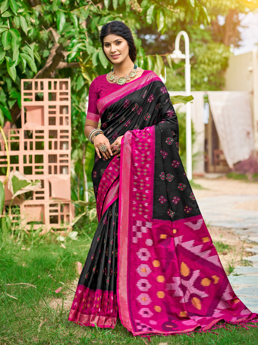 Women's Black Pure Pashmina Silk Woven Saree – Trendia