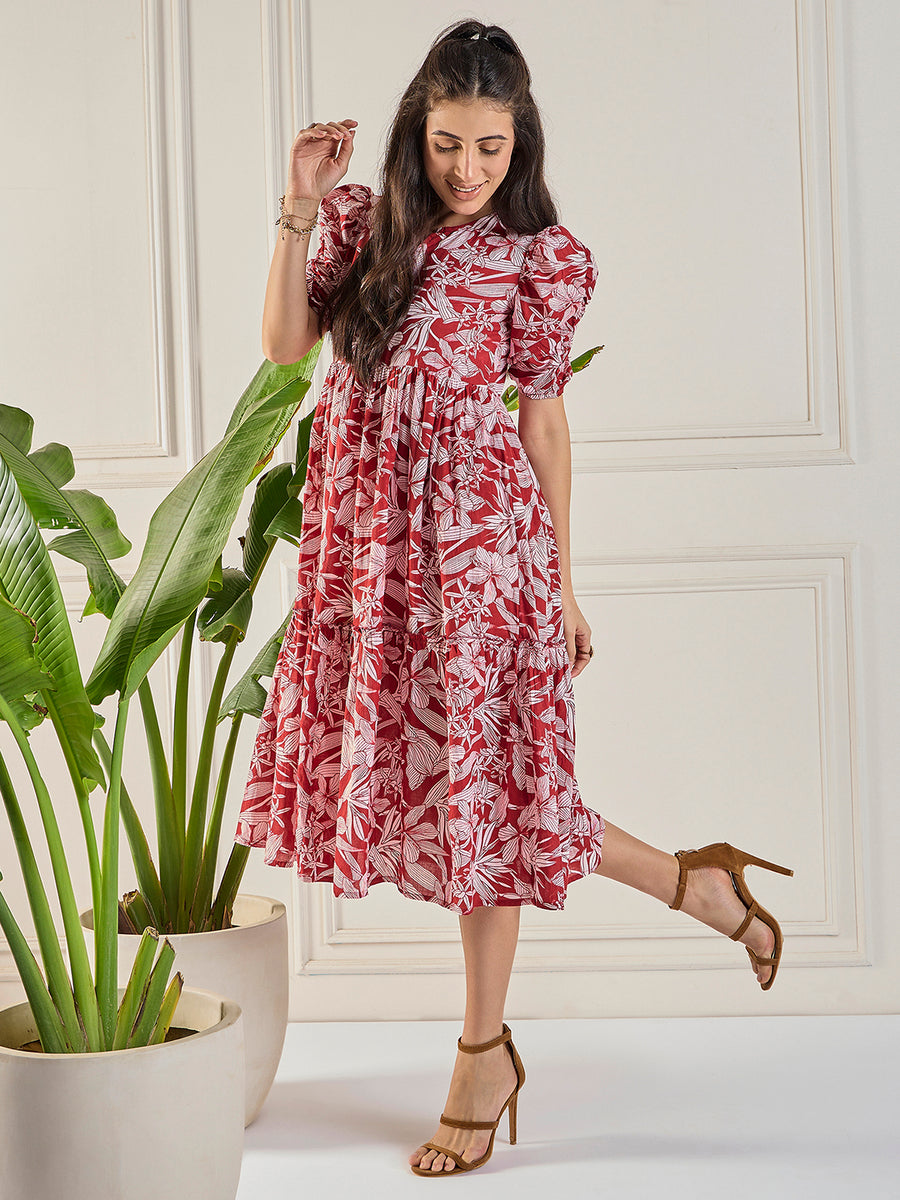 Women's Maroon Calf Length Tiered Dress – Trendia