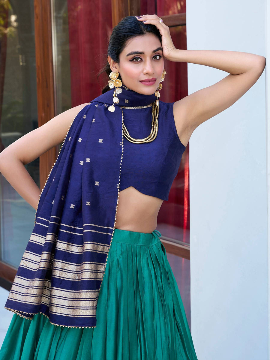 Women's Lavish Teal Blue Zari Weaving Chanderi Silk Traditional Leheng ...