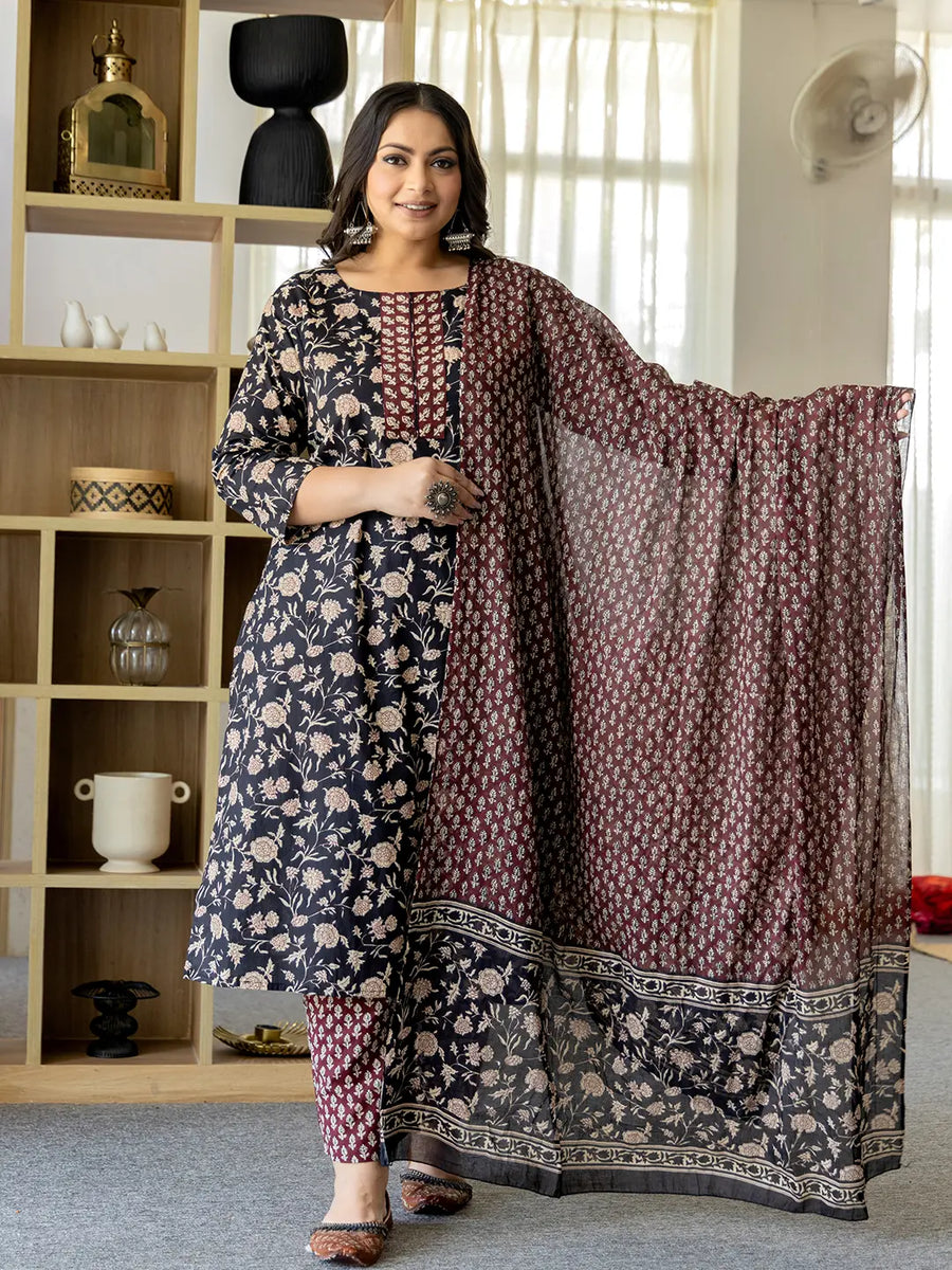 Women's Piping On Yoke Floral Print Black Cotton Plus Size Kurta Set W ...