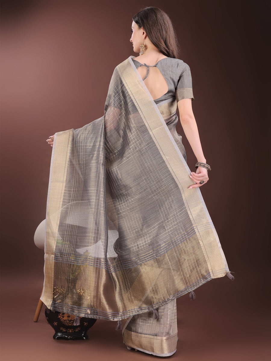 Women's Grey Organza Woven Saree – Trendia
