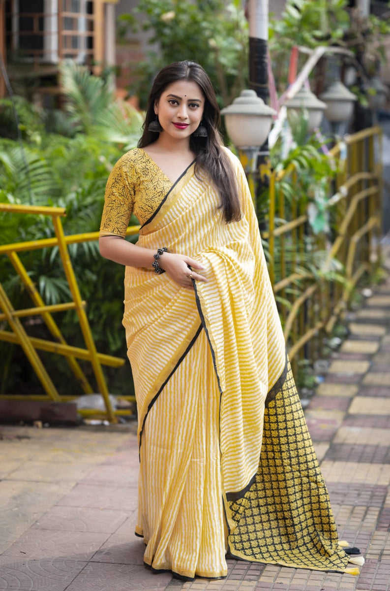 Women's Yellow Soft Chanderi Cotton Saree With Zari Pattu Woven Border ...