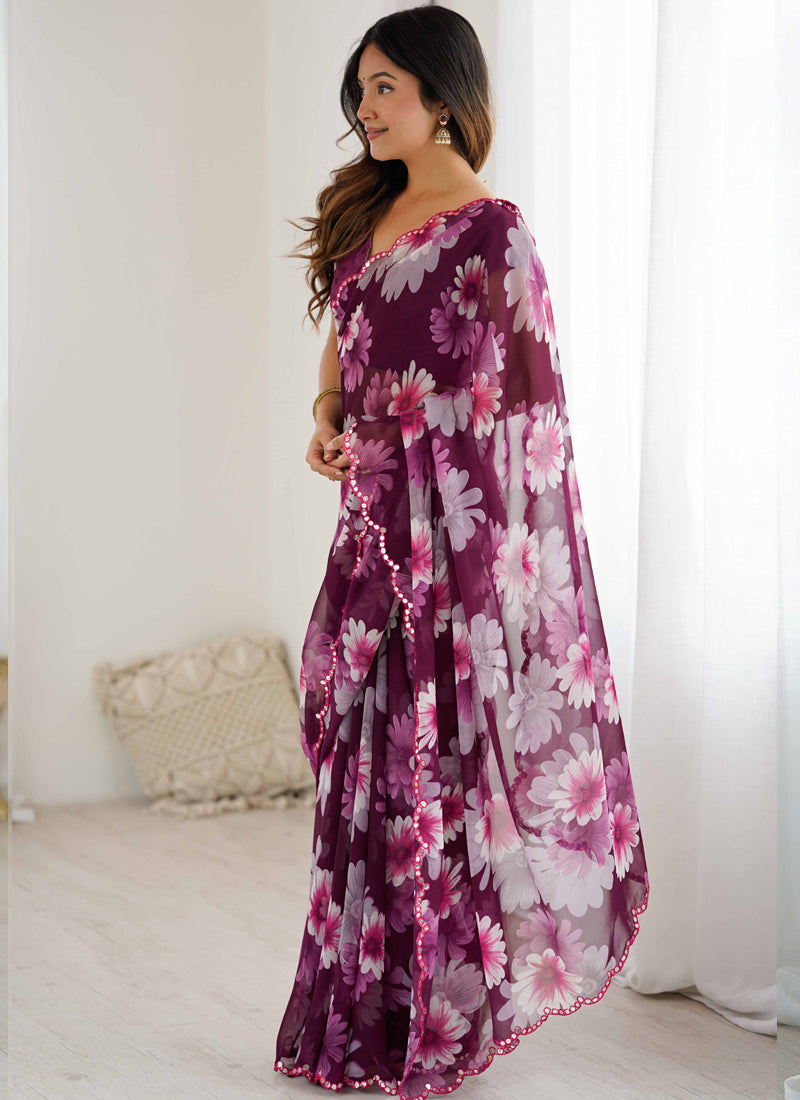 Women's Purple Georgette Silk Printed Mirror Work Border Designer Sare ...