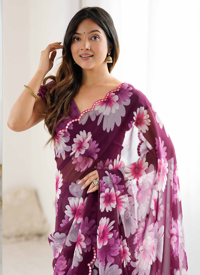 Women's Purple Georgette Silk Printed Mirror Work Border Designer Sare ...