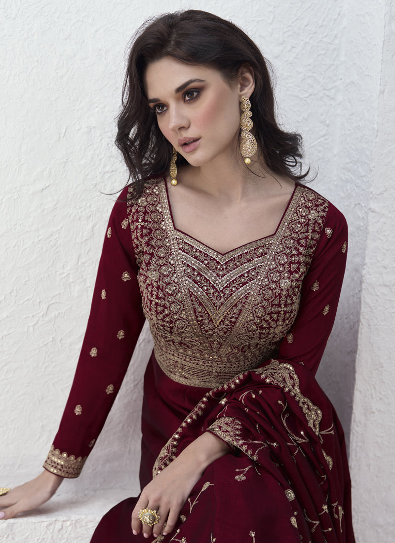 Women's Maroon Silk Embroidered Anarkali Set - Vegaa Fashions – Trendia