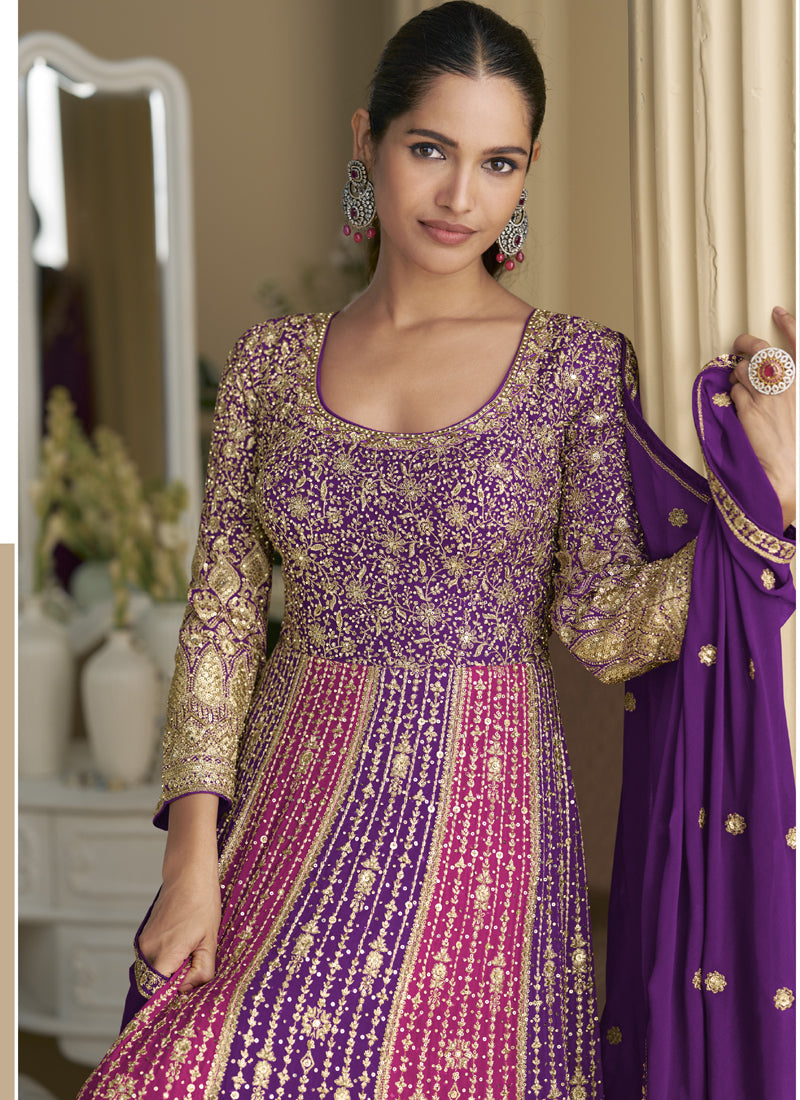 Women's Violet Georgette Embroidered Seroski Zarkan Gown With Embroide ...