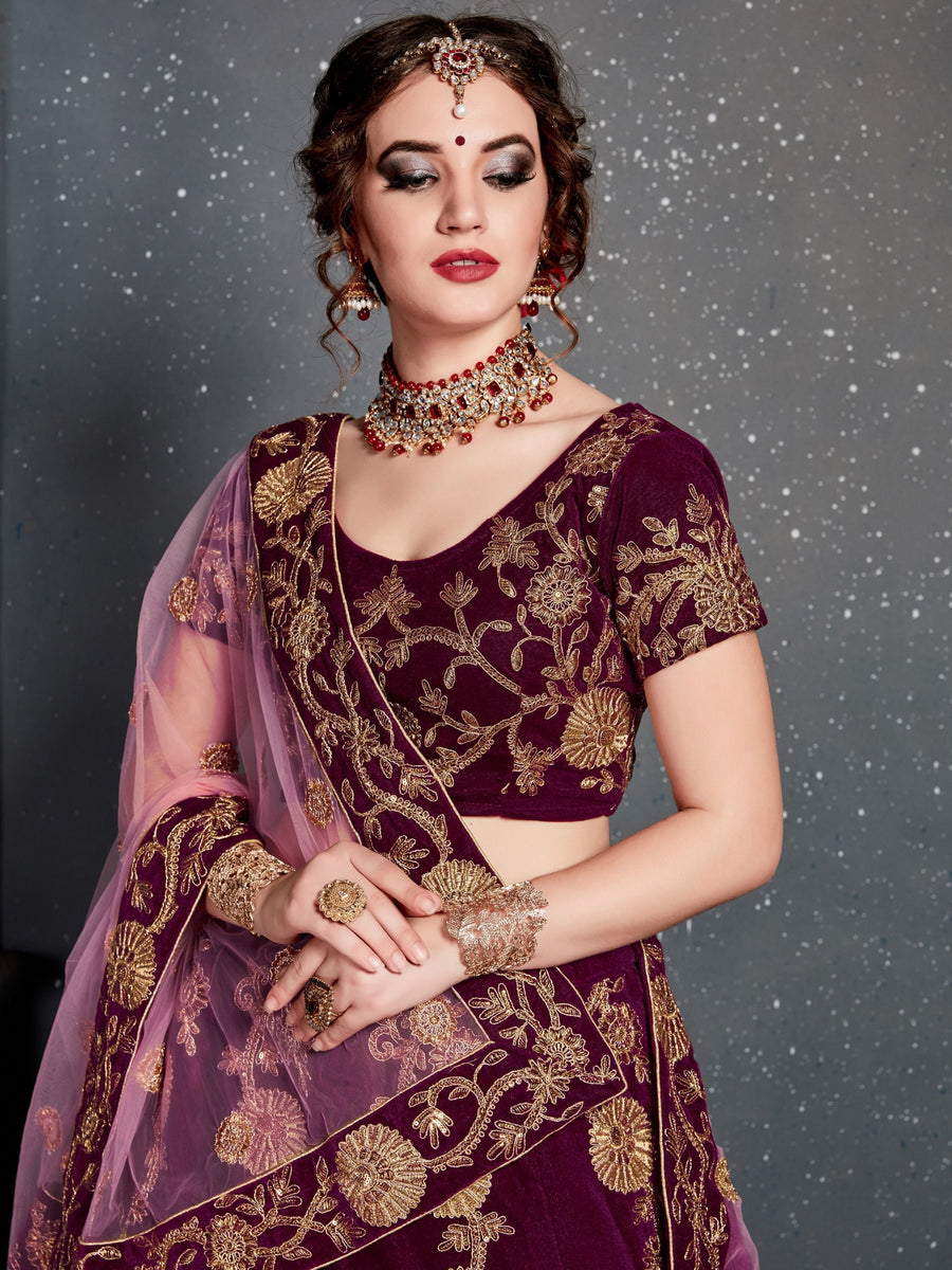 Women's Purple Velvet Embroidered Lehenga Set – Trendia