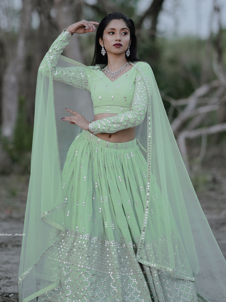 Women's Green Georgette Embroidered Lehenga Set – Trendia