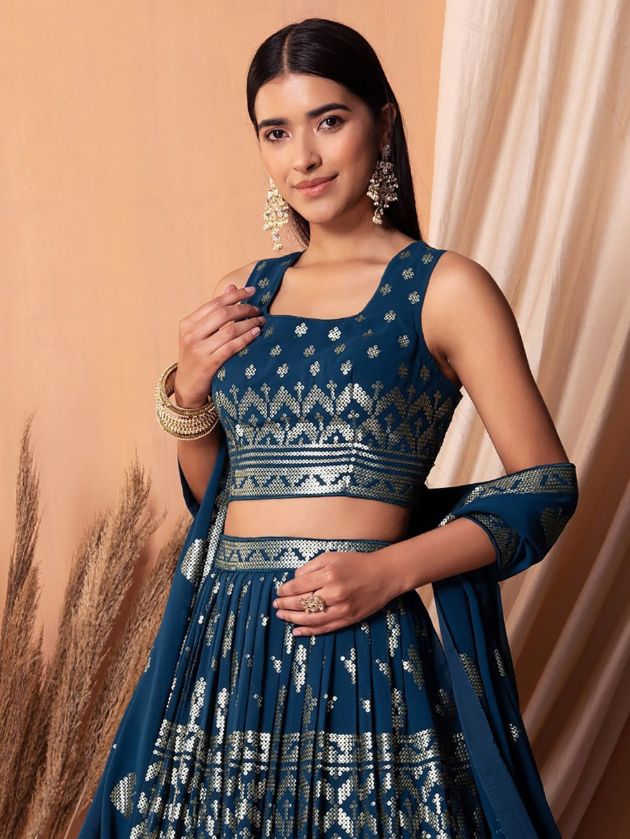 Women's Blue Georgette Embroidered Lehenga Set – Trendia