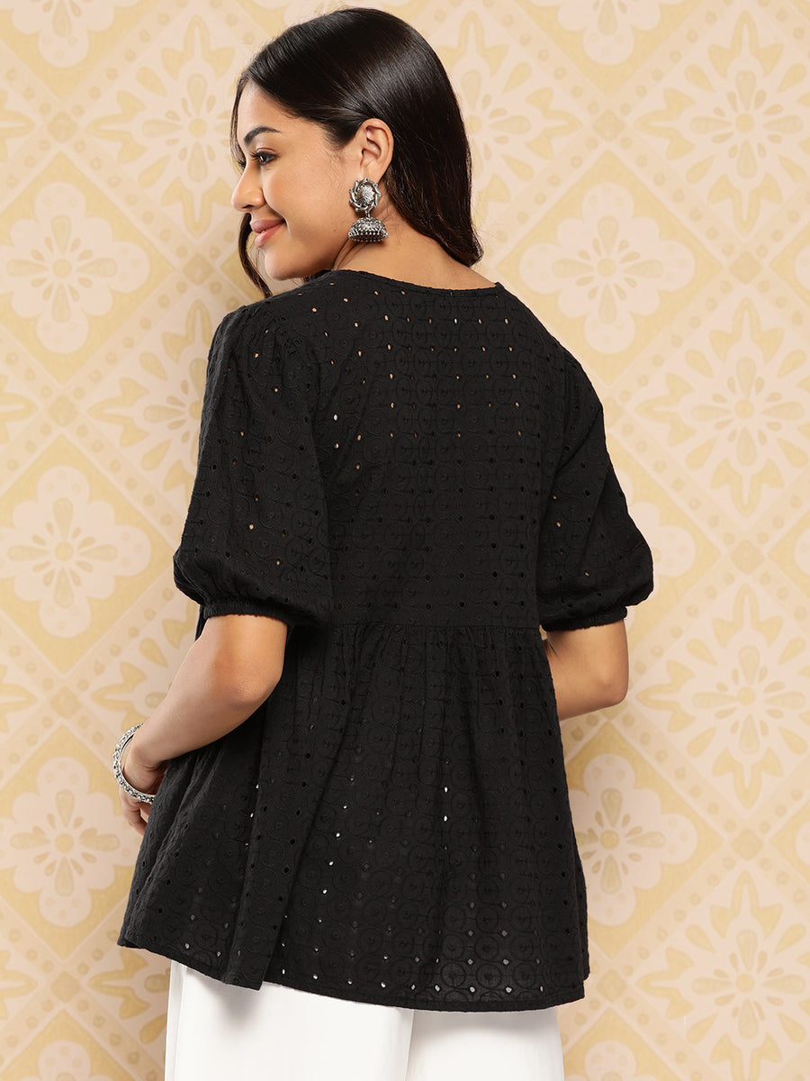 Women's Black Alia-Cut Cotton Schiffli Tops - Yufta – Trendia