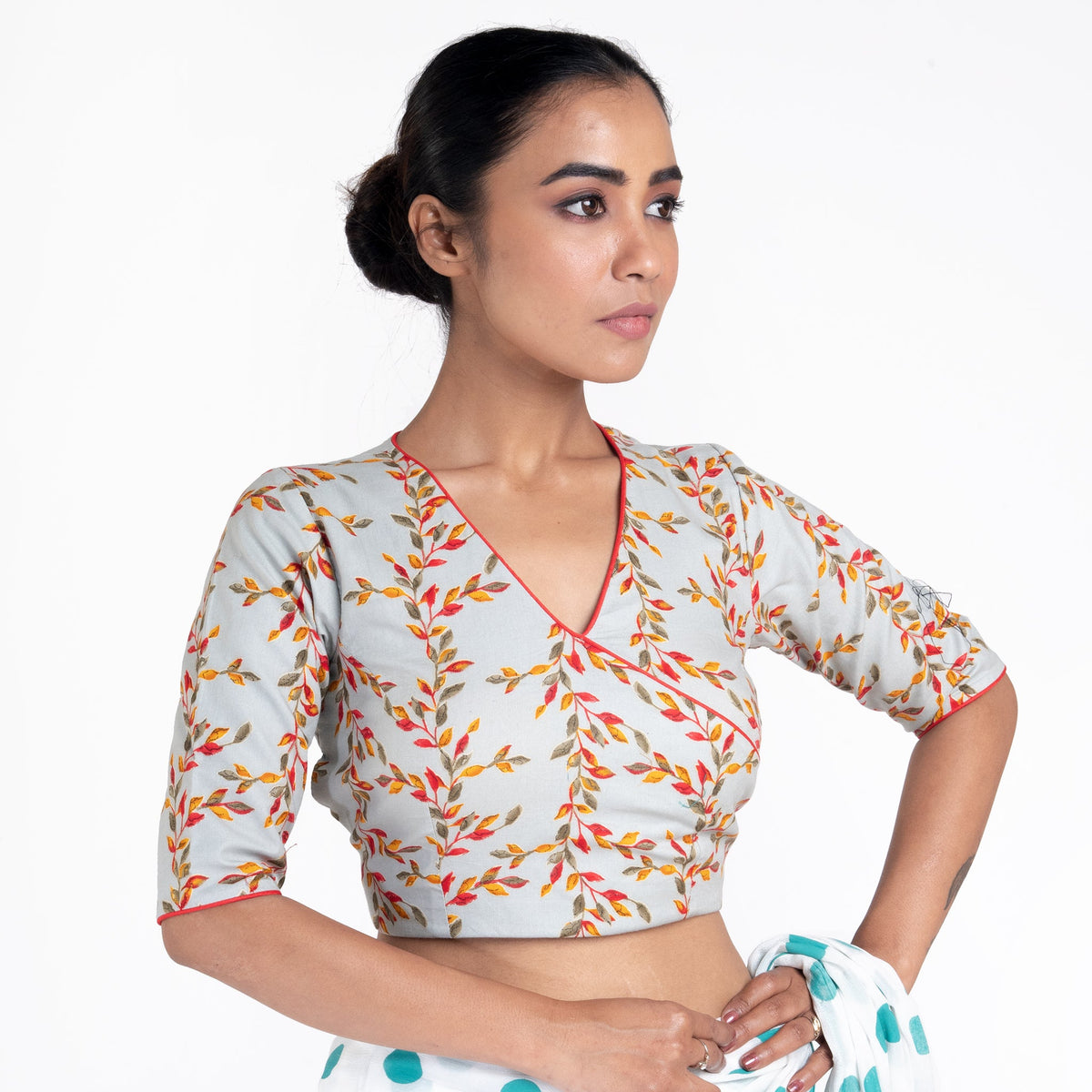 Women's Light Grey Printed Cotton Overlap Padded Blouse – Trendia