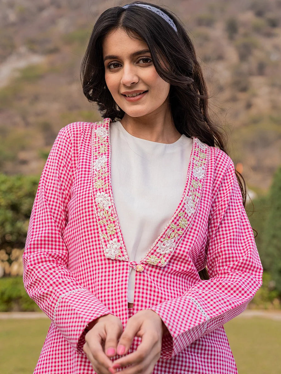 Women's Pink Cotton Checks Print Shawl Neck Co-Ord Set With Embroidery ...