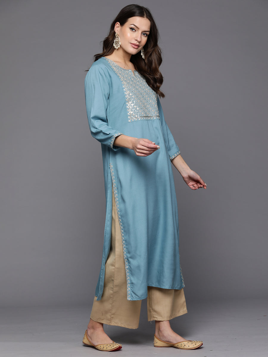 Women's Blue Embroidered Straight Kurtas - Indo Era – Trendia