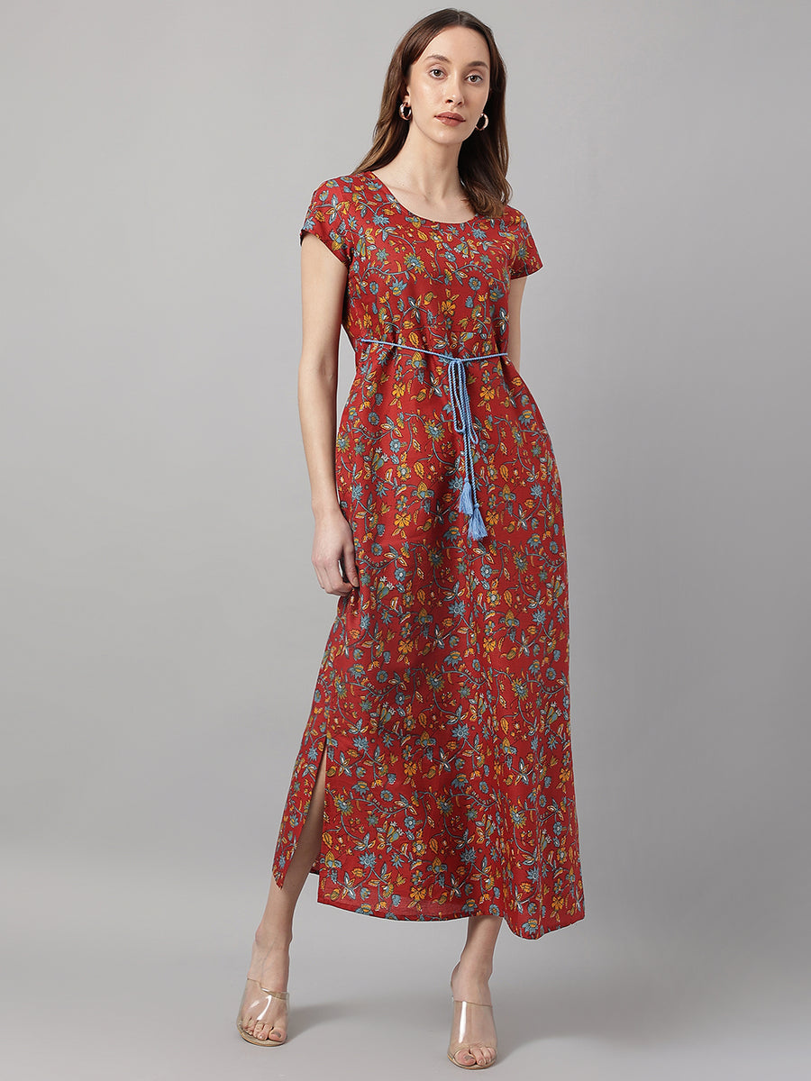 Women's Maroon Printed Maxi Dress – Trendia