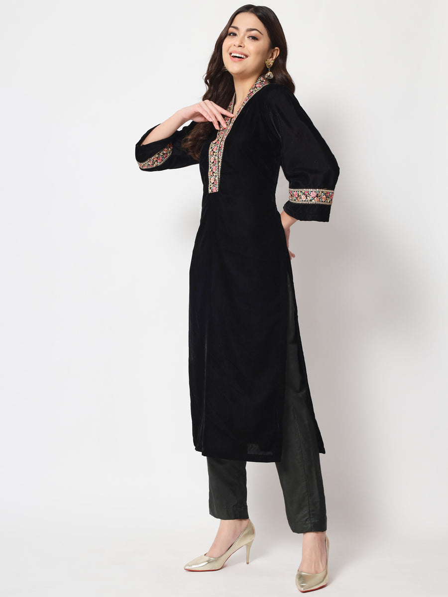 Women's Glamour Black Shawl Collar Kurti With Straight Pants – Trendia