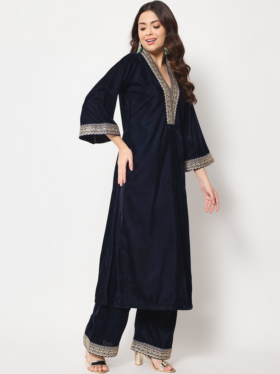 Women's Glamour Blue Shawl Collar Kurti With Straight Palazzo – Trendia