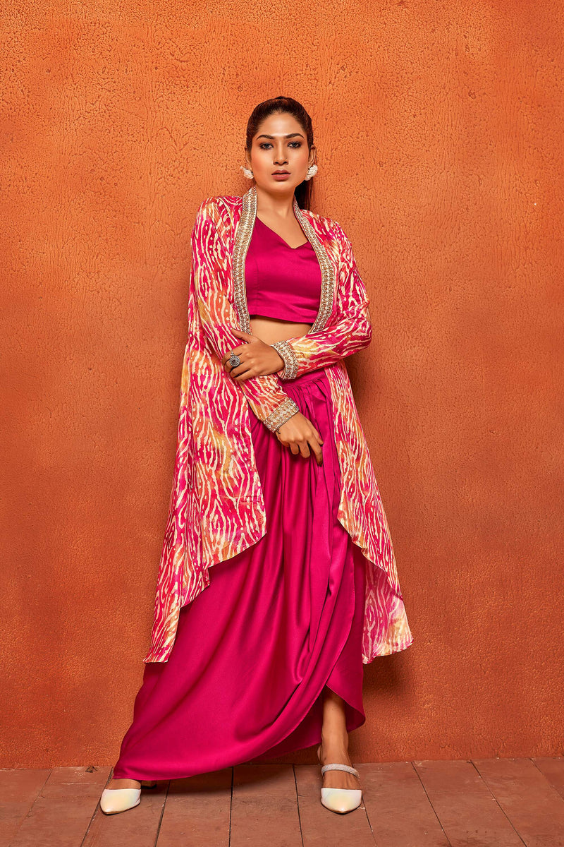 Women's Chic Jazzberry Pink Ethnic Print Long Flared Shrug Dhoti Skirt ...