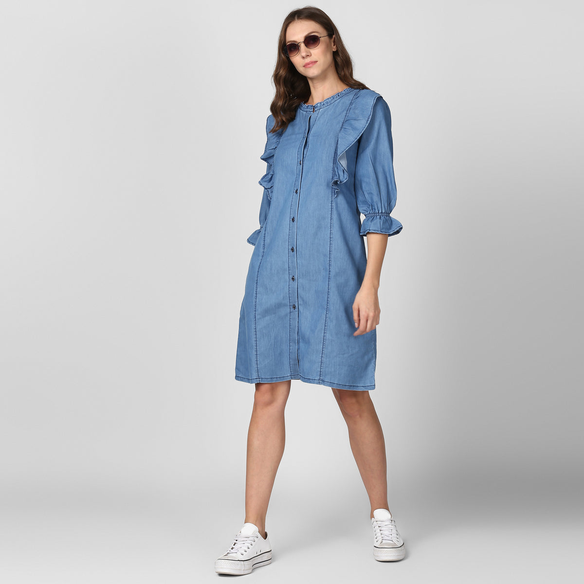Women's Blue Denim Shirt Dress with Side Ruffle Detail - StyleStone ...