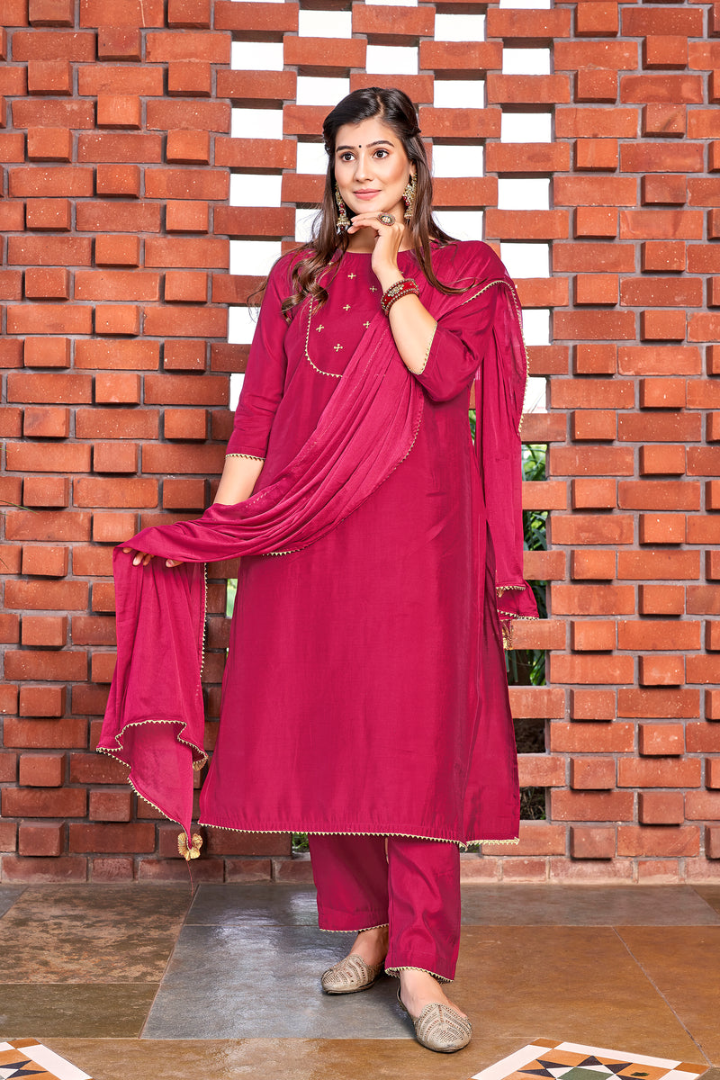 Women's Handwork Silk Kurta With Pant And Dupatta Set - Curvy Lane ...