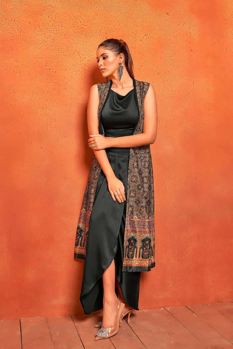 Women's Stylish Rich Black Ethnic Print Long Straight Shrug Dhoti Skir ...