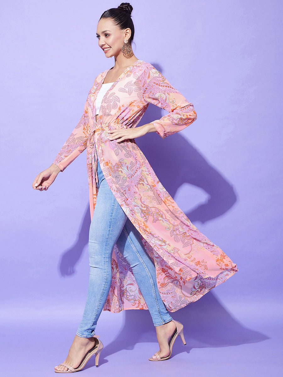 Women's Peach Floral Long Shrug - StyleStone – Trendia