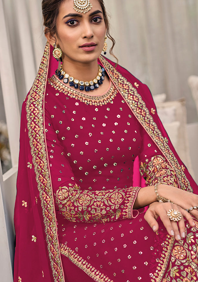 Women's Rani Pink Color Georgette Embroidered Palazzo Suit – Trendia