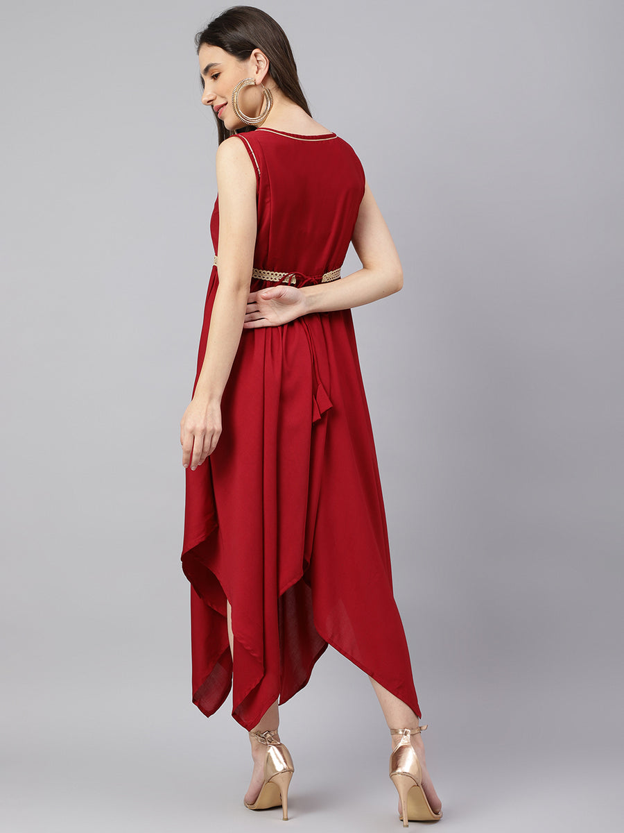 Women's Maroon Ethnic Asymmetric Dress With Belt – Trendia