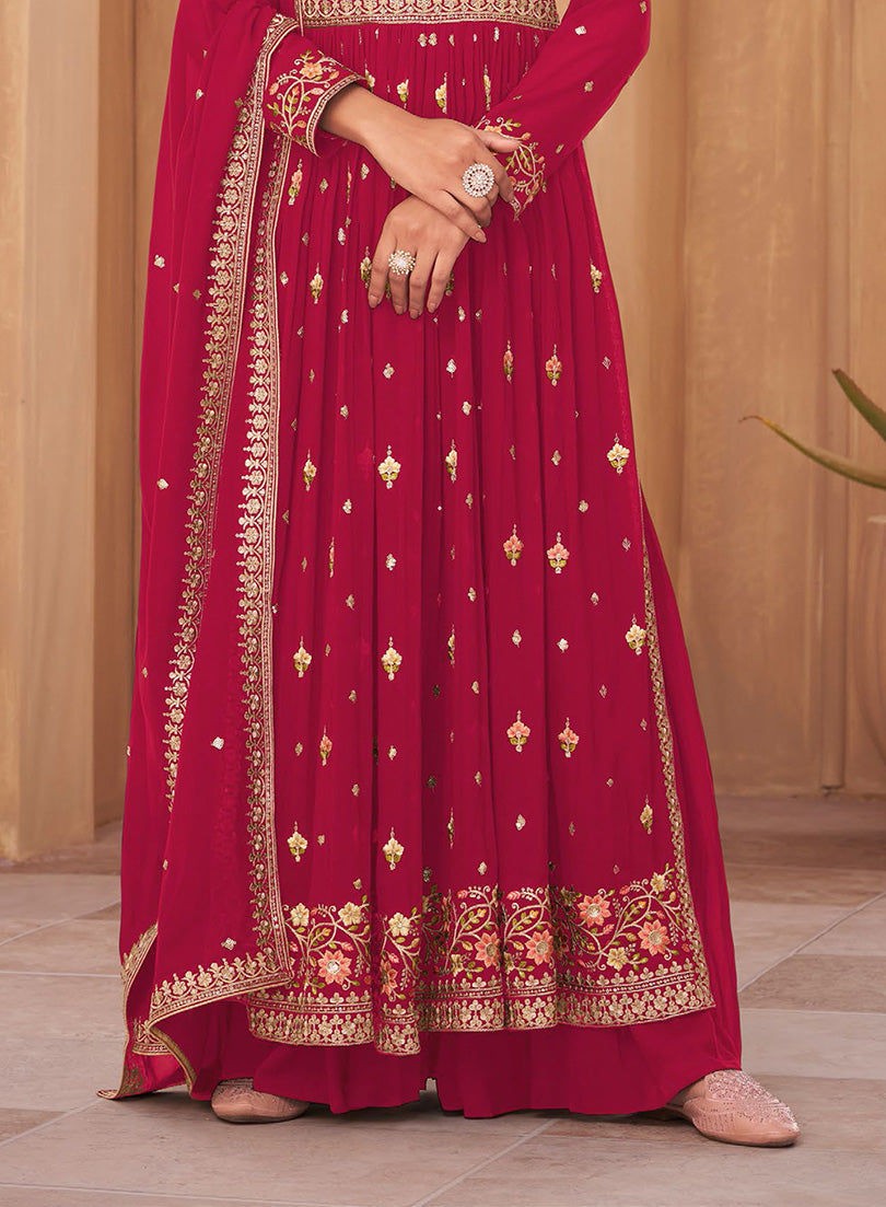 Women's Maroon Pure Georgette Stitched Embroidered Sharara Suit - Monj ...