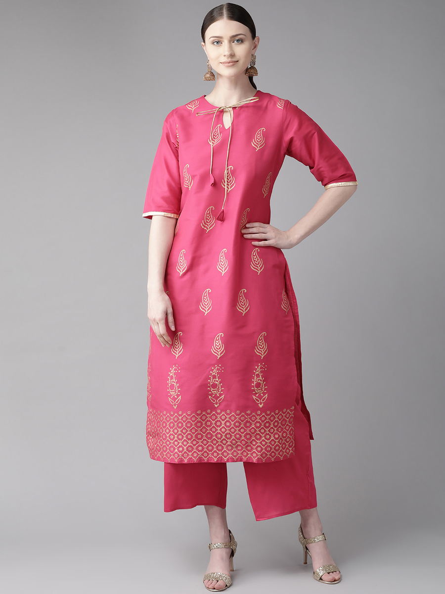Buy Women's Pink & Golden Block Print Kurta with Palazzos - Bhama ...