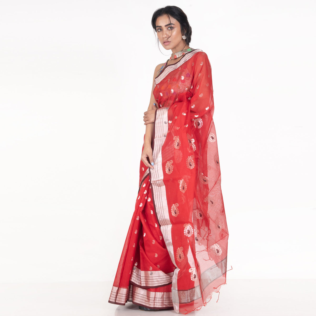Women's Red Pure Chanderi Silk Saree With Woven Ambi Motifs And Zari B ...