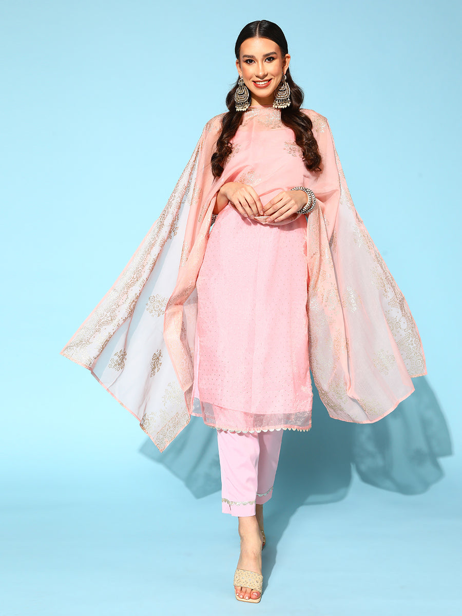 Women's Pastel Pink Colour Organza Glitter Printed Kurta Pant Set With ...