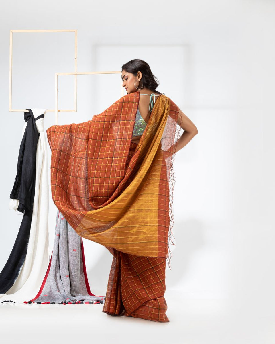 Women's Handloom Dark Orange Linen Saree – Trendia