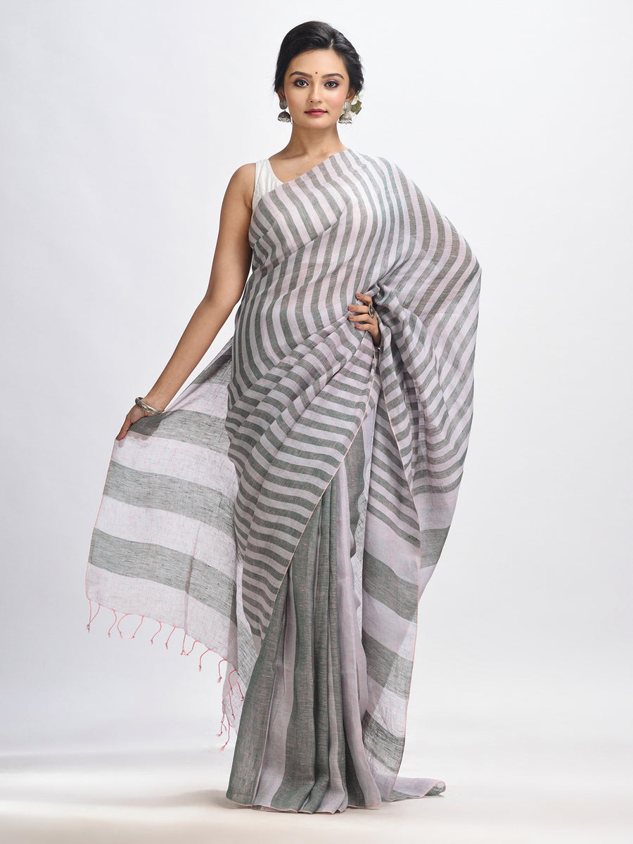 Women's Ash And Light grey Stipe Handwoven linen handloom Saree – Trendia
