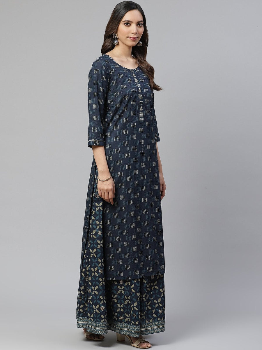 Women's Indigo Kurta Set With Palazzo And Dupatta – Trendia