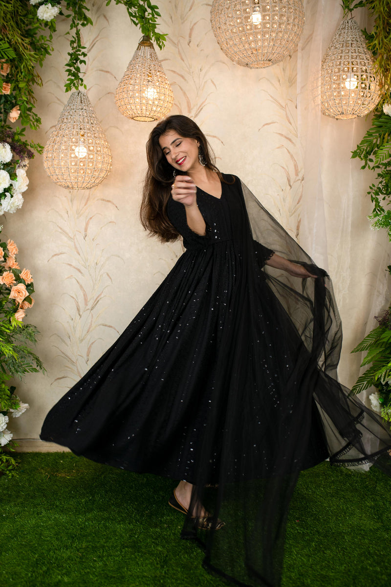 Women's Black Thread Work Anarkali Set – Trendia