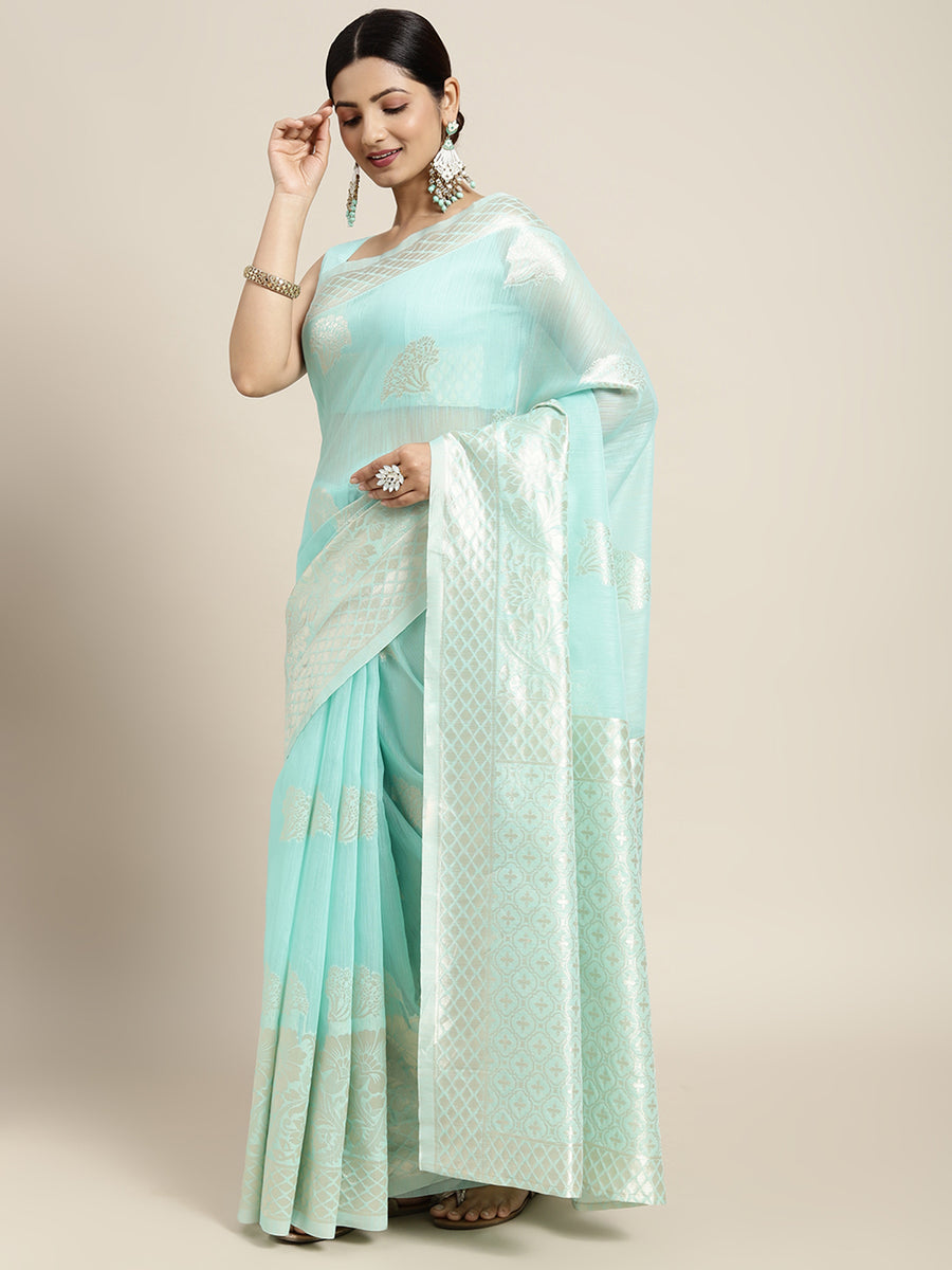 Women's Cotton Blend Sea Green Woven Design Designer Saree With Blouse ...
