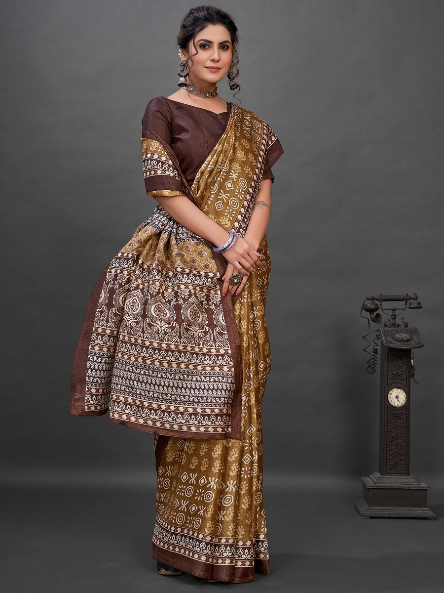 Women's Khadi Silk Mustard Printed Designer Saree With Blouse Piece ...
