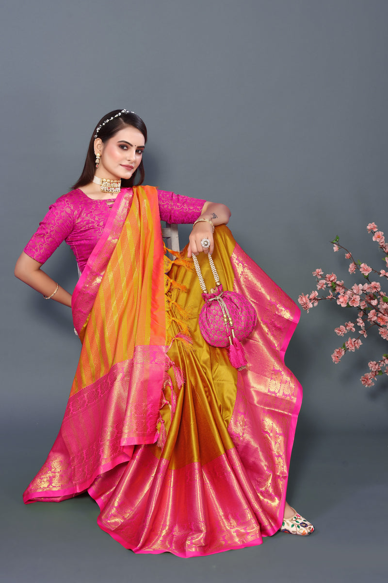 Women's Dark Yellow Kathan Silk Saree – Trendia